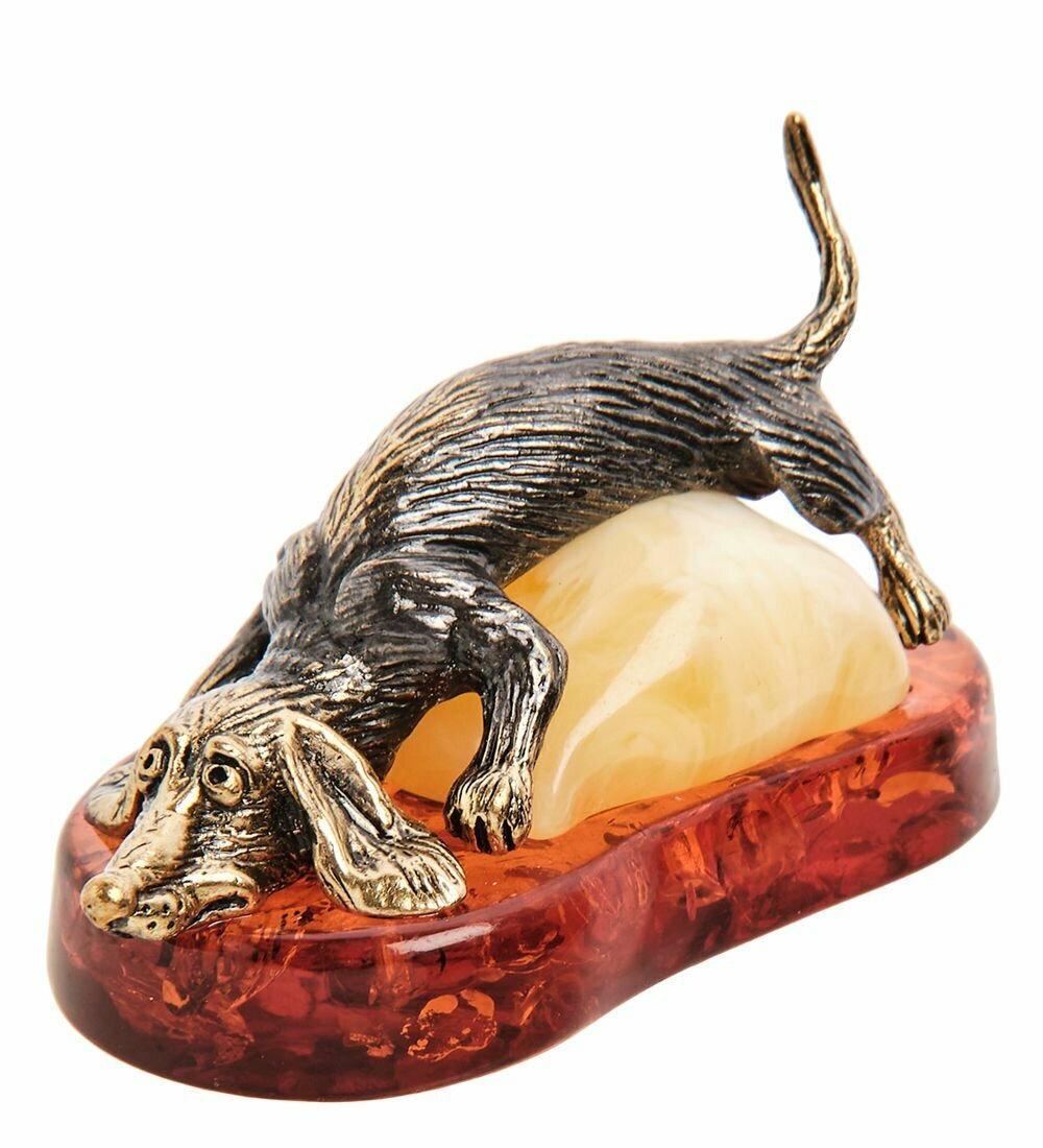 Фигурка 'Такса на подушке' (латунь, янтарь)