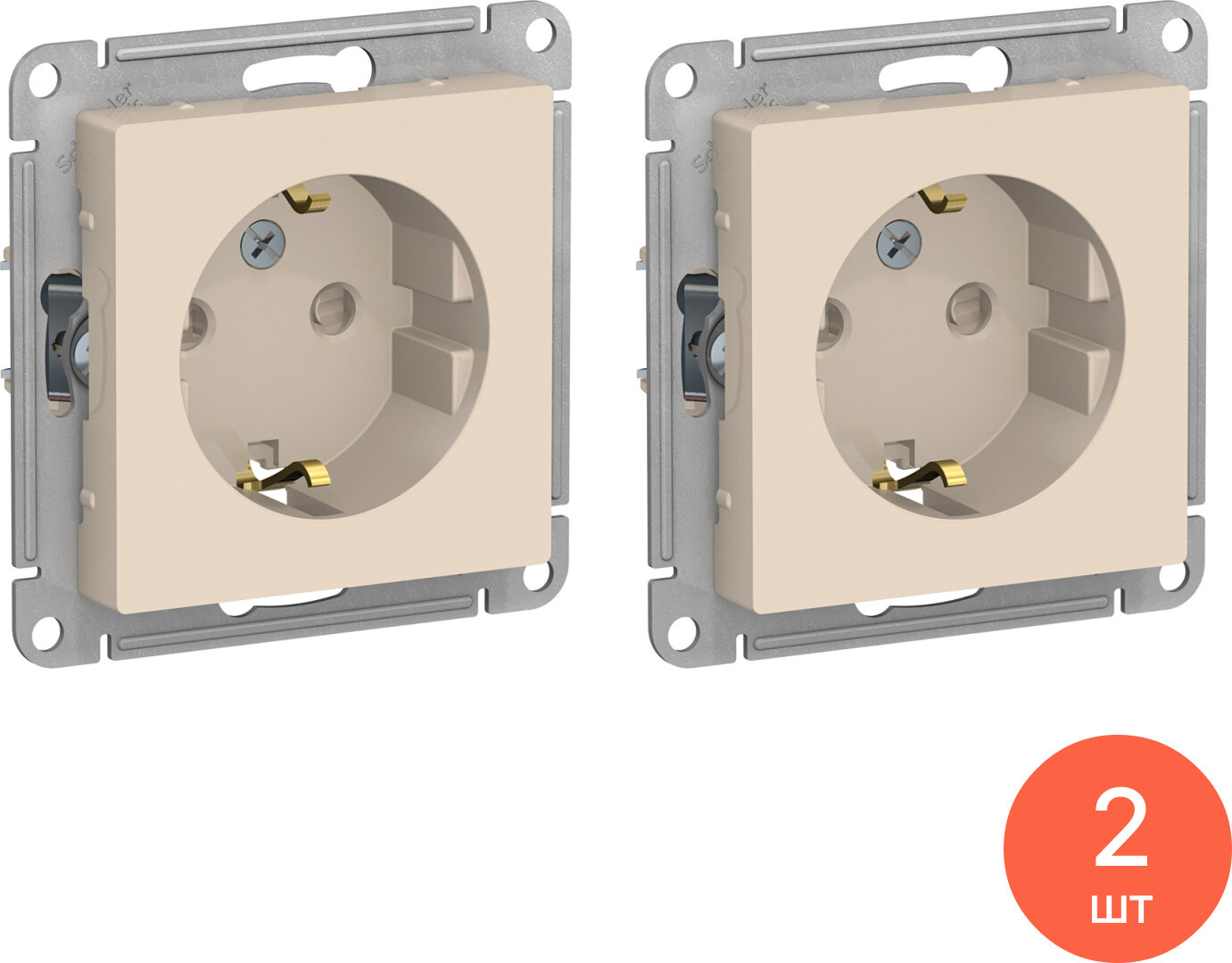Розетка силовая штепсельная Systeme Electric / Систем Электрик AtlasDesign, 16А 250В IP20 бежевый, с заземляющим контактом и шторками ATN000245 / электрооборудование (комплект из 2 шт)