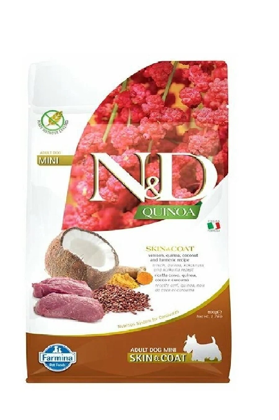 Farmina Корм сухой ND DOG GF Quinoa Skin&Coat Venison Mini для взрослых собак мелких пород с олениной уход за кожей и шерстью 800 г