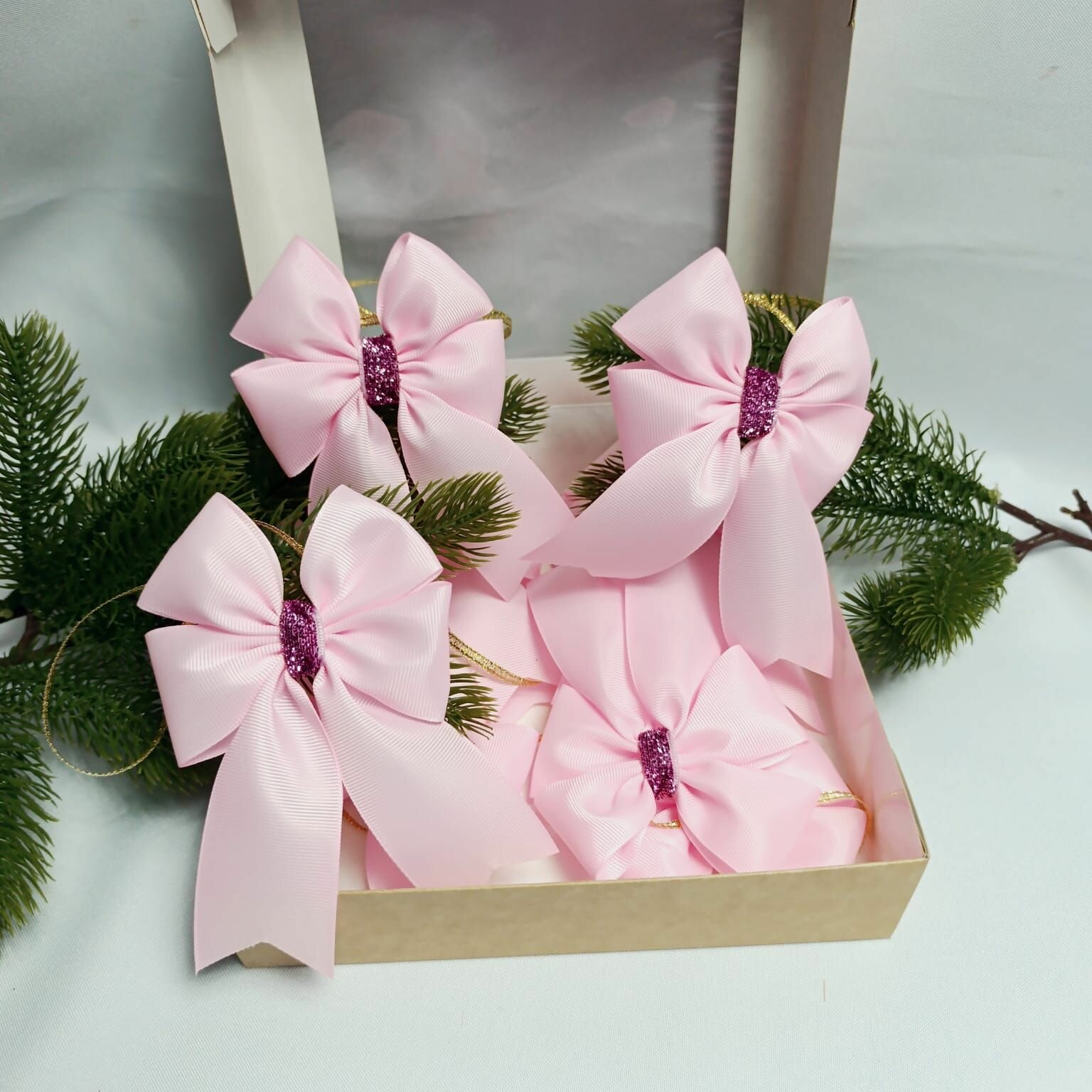 Елочное украшение, набор бантики на елку розовые с темно розовым декором 10 шт из репсовой ленты