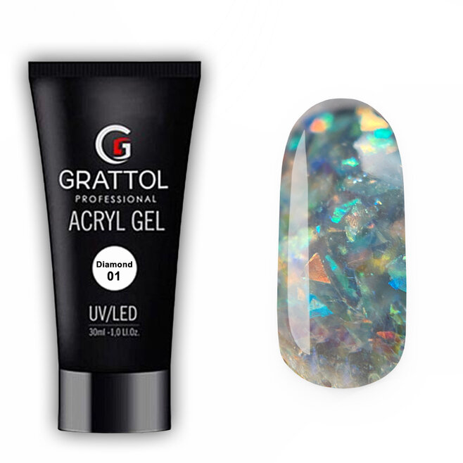 Grattol Acryl Gel Diamond 01 - Акрил-гель для наращивания и моделирования ногтей, Прозрачный со Слюдой, 30 мл