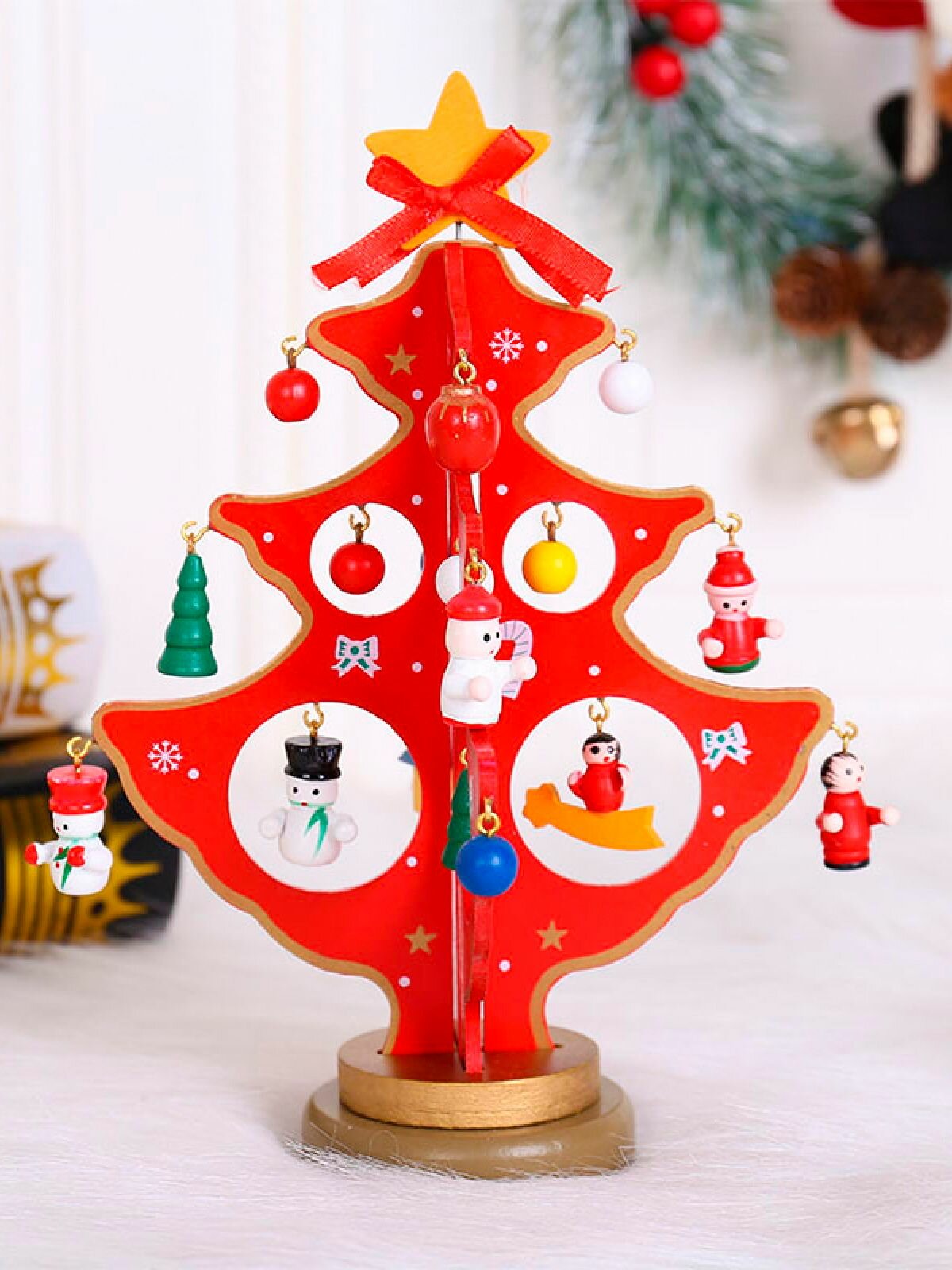 Деревянная елочка 16 см с игрушками на подставке 3D, фигурка елка для декора, нового года, на стол.