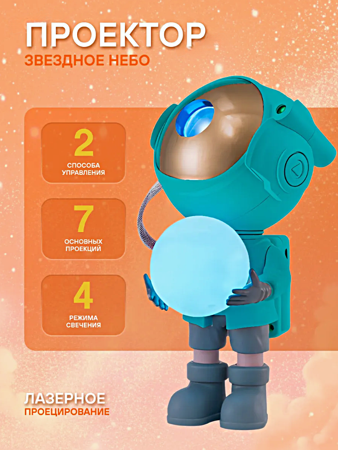 Ночник проектор звездного неба Космонавт (Астронавт), Пульт управления в комплекте, Бирюзовый