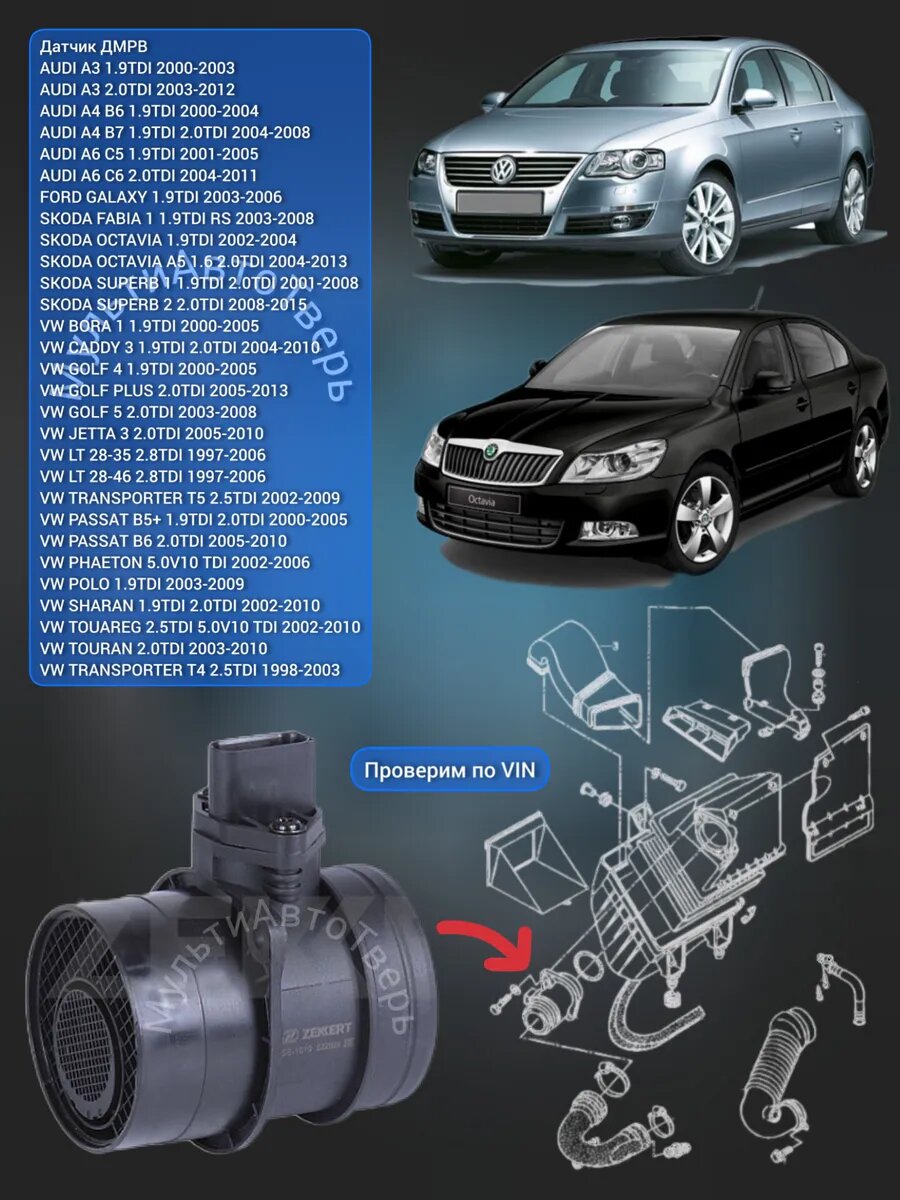 Датчик ДМРВ ZEKKERT для Volkswagen Passat Touareg Audi A4 Octavia