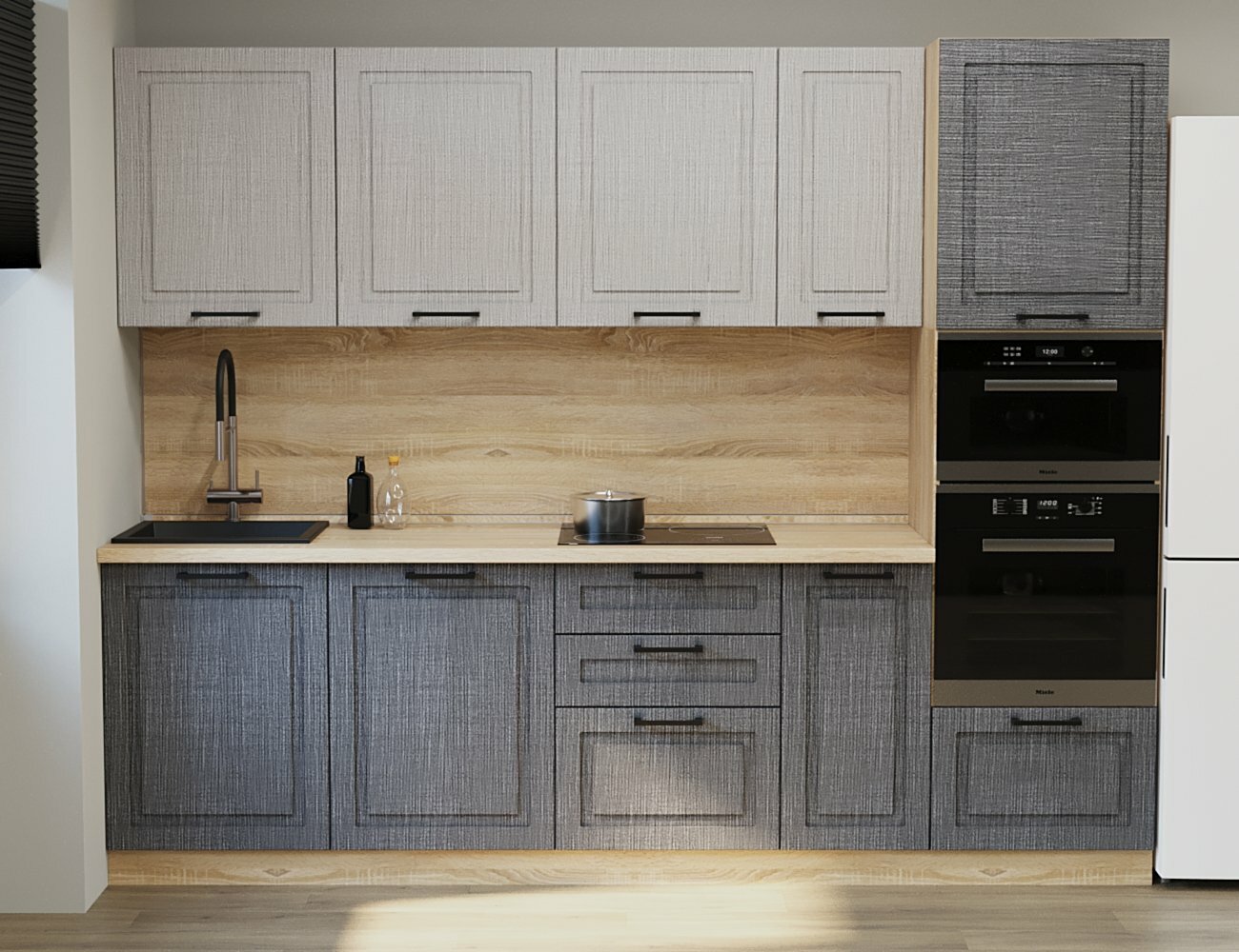 Кухонный гарнитур Аликанте, 2800 мм, с пеналом для бытовой техники, чесура светлая/чесура темная