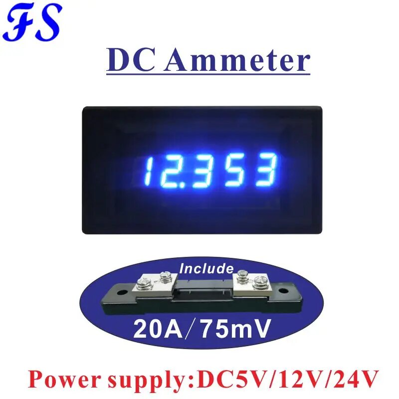 0,4-дюймовый светодиодный цифровой амперметр постоянного тока 20 А включает шунт 20 А/75 мВ Амперметр постоянного тока Измеритель тока Источник питания DC 5 В 12 В 24 В Ампер Панельный измеритель