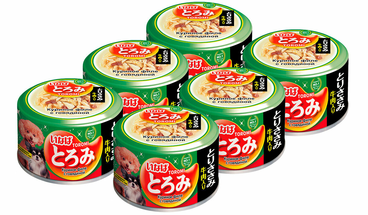 Влажный корм Inaba Toromi для взрослых собак с куриным филе и говядиной в бульоне банка, 80 гр 6 шт