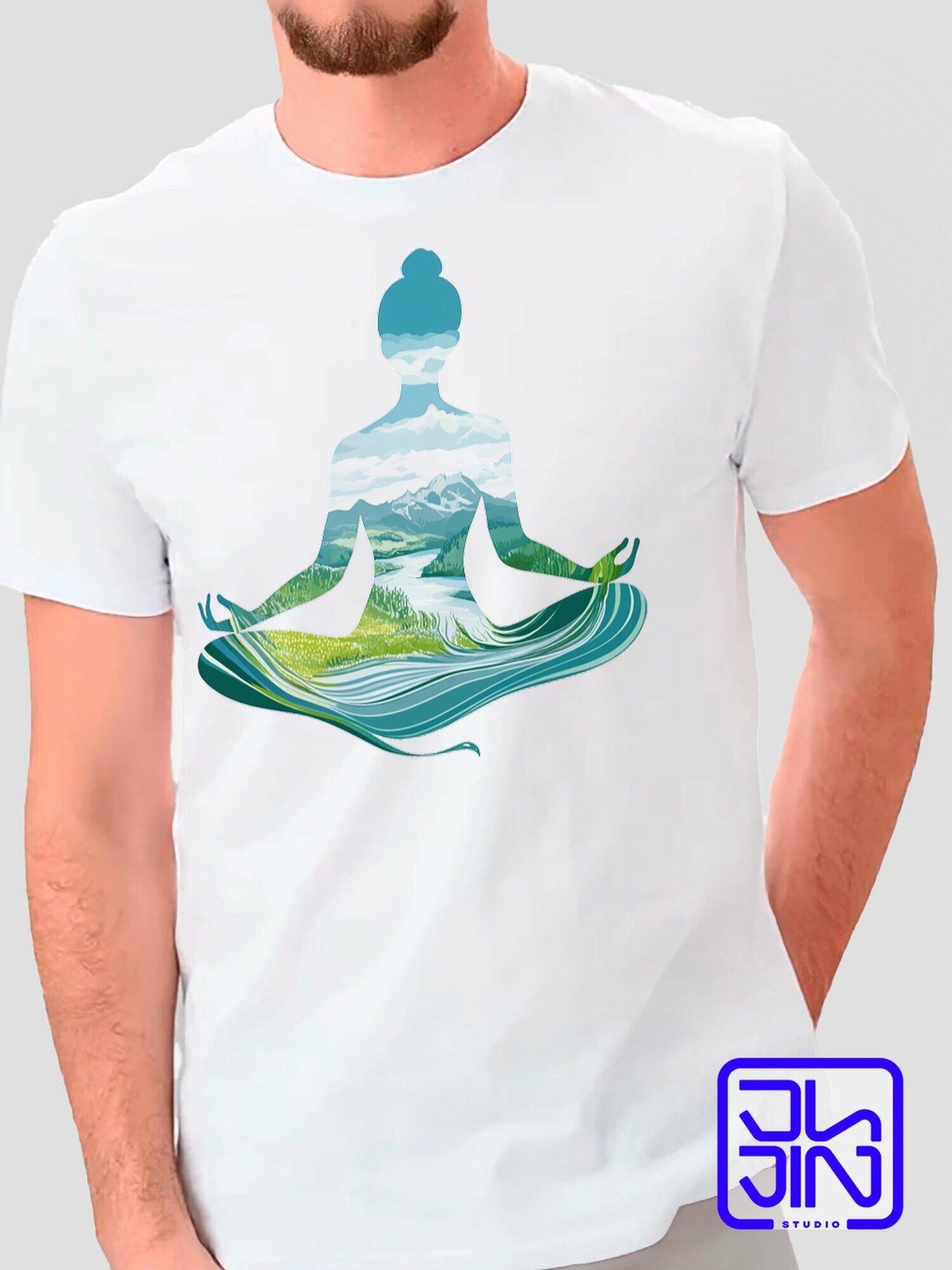 Футболка классическая мужская с авторским принтом Минималистичный бирюзовый силуэт йоги с медитацией и морской волной со смыслом, белый хлопковый трикотаж с прикольным рисунком на груди