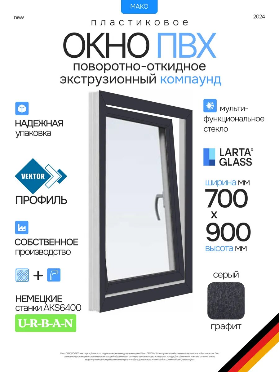 Окно пластиковое 90 х 70 см. поворотно-откидное правое ПВХ серое энергосберегающий однокамерный стеклопакет