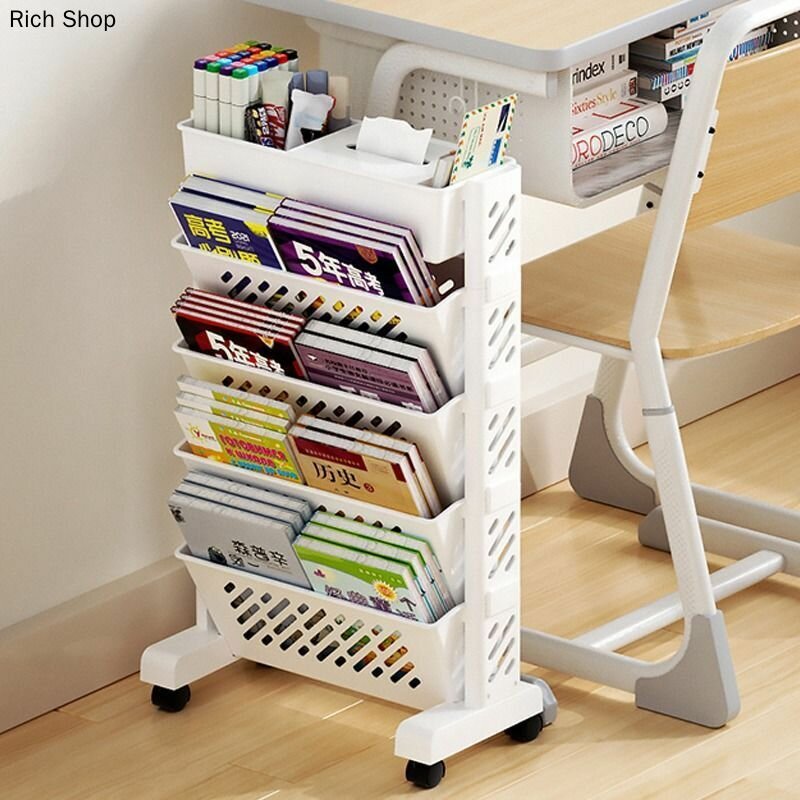Этажерка Напольная этажерка органайзер для книг на колесах, 5 секц, Пластик, 39*19*64.5 см