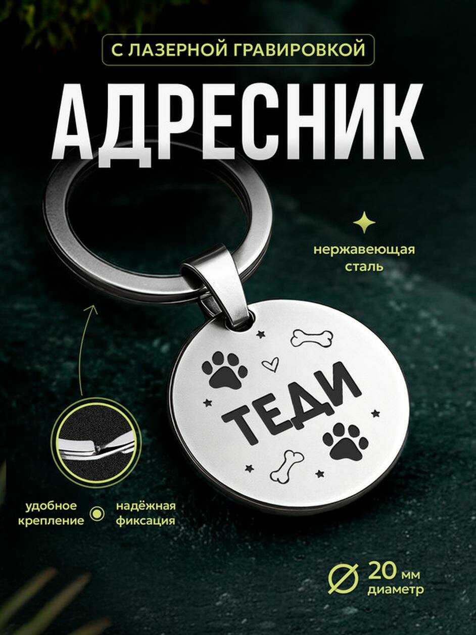 Адресник для собаки и кошки с гравировкой, нерж. сталь, серебристый, Теди