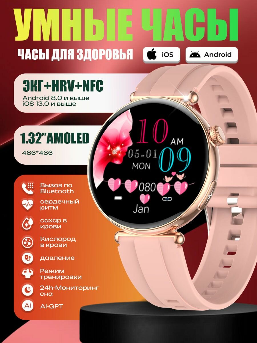 Cмарт часы женские круглые золото, Smart Watch Edition 2025, для айфон/андроид, электронные ЭКГ, сахар в крови,