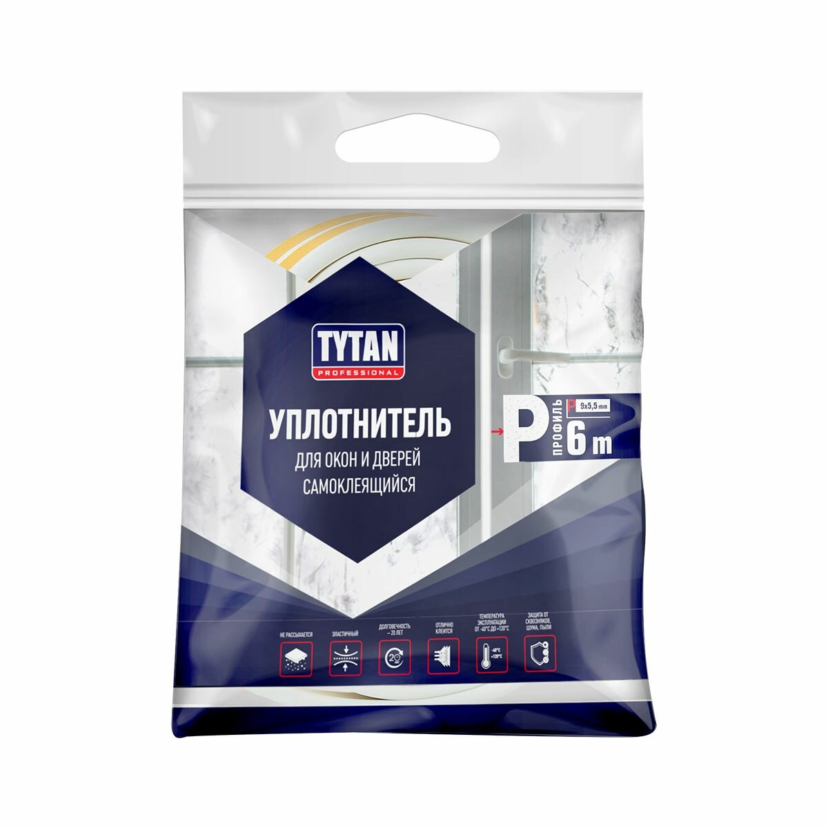 Уплотнитель для окон и дверей Tytan P 9 x 5,5 мм, белый, 6 м, "Professional"