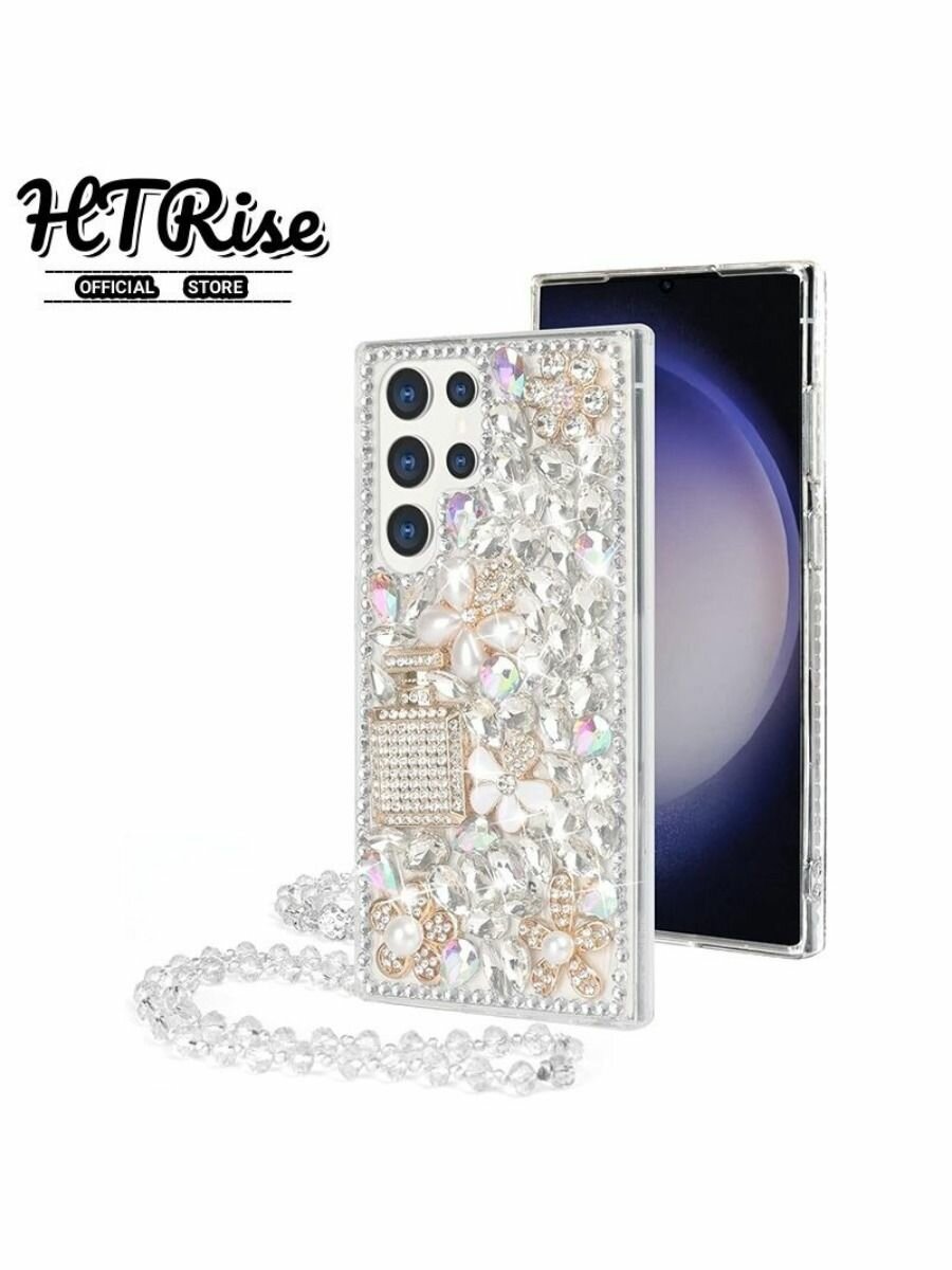 Чехол для Samsung Galaxy S25 Ultra/ Самсунг Галакси С25 Ультра Luxury 3D с бриллиантовым кристаллом, блестящим флаконом духов и цветочным чехлом для телефона, блестящей цепочкой и ремешком-шнурком