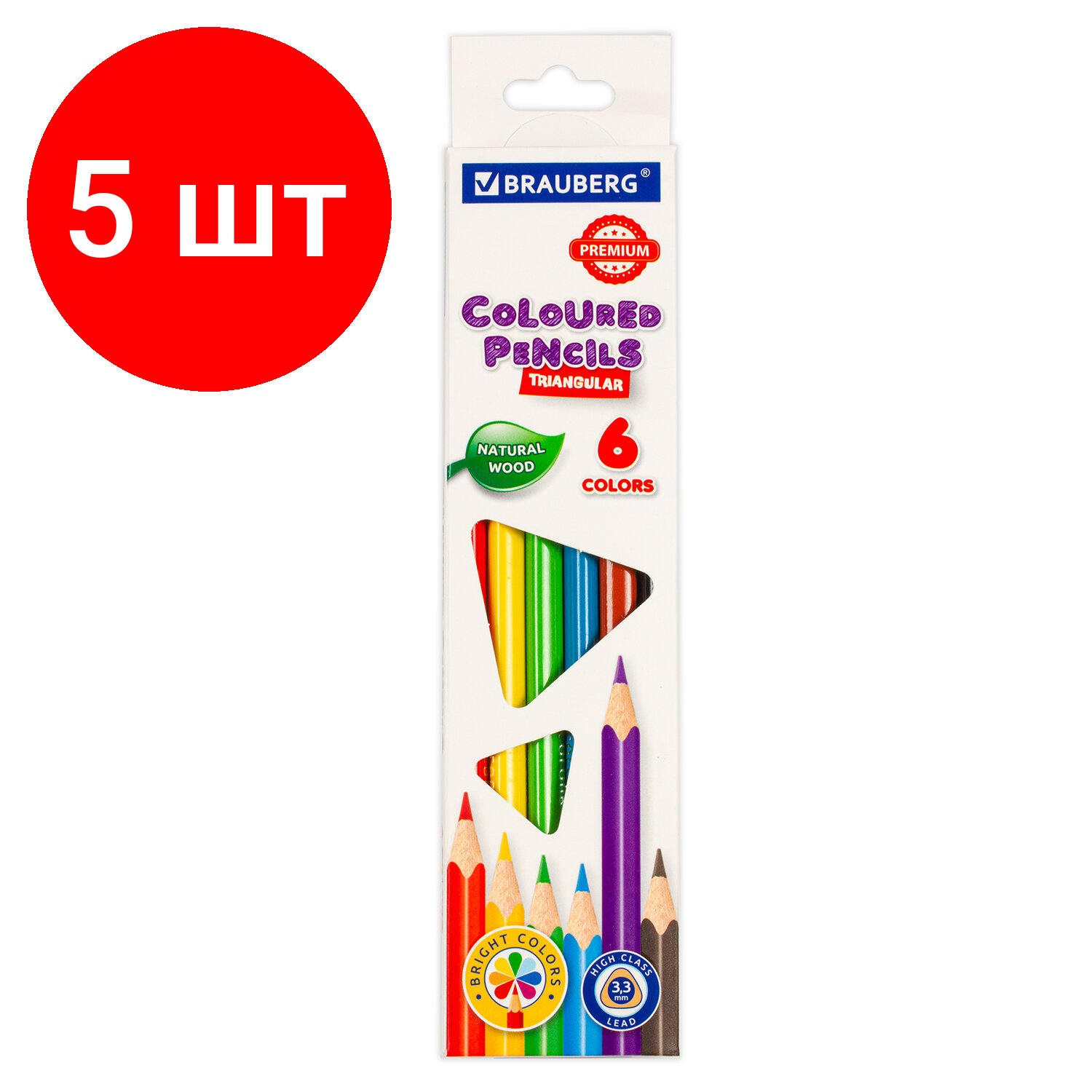 Комплект 5 шт, Карандаши цветные BRAUBERG PREMIUM, 6 цветов, трехгранные, грифель мягкий 3.3 мм, 181650