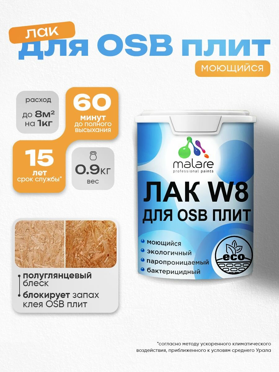 Лак для защиты ОСБ плит Malare универсальный для дерева и минеральных поверхностей, паропроницаемый, водный без запаха быстросохнущий, полуглянцевый 0.9 кг.