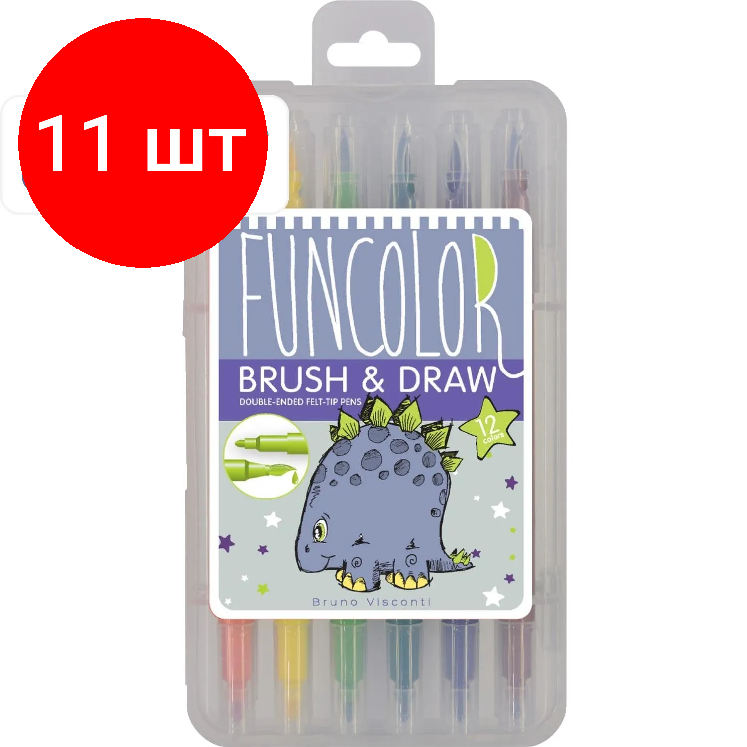 Комплект 11 упаковок, Фломастеры кисточки двусторонние FUNCOLOR 12цв, в пластиковом пенале 32-0047