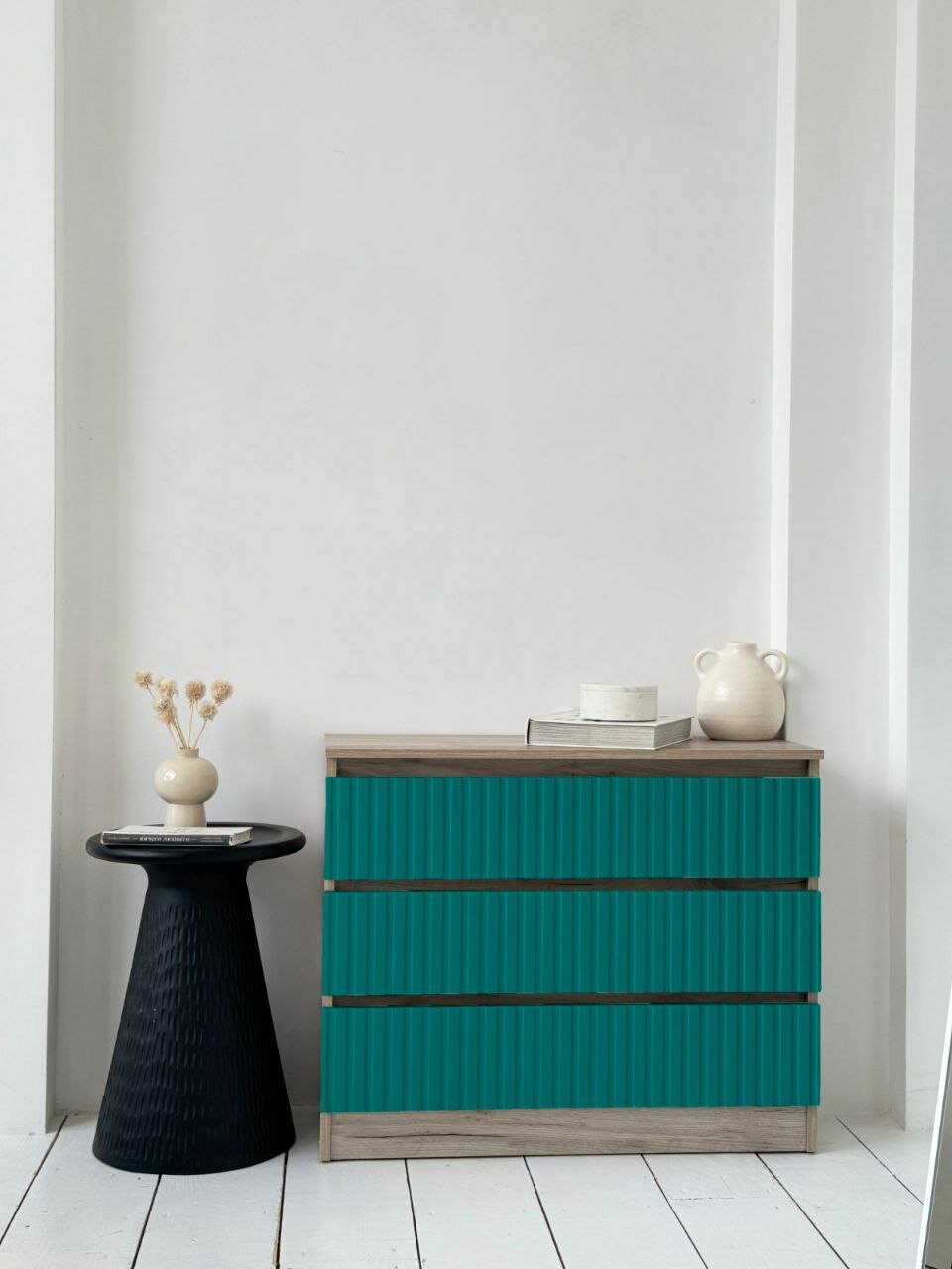 Комод №9 узкий 3 ящика (80,4х33х65 см), Дуб крафт серый/МДФ Белый Оушен, шариковые направляющие