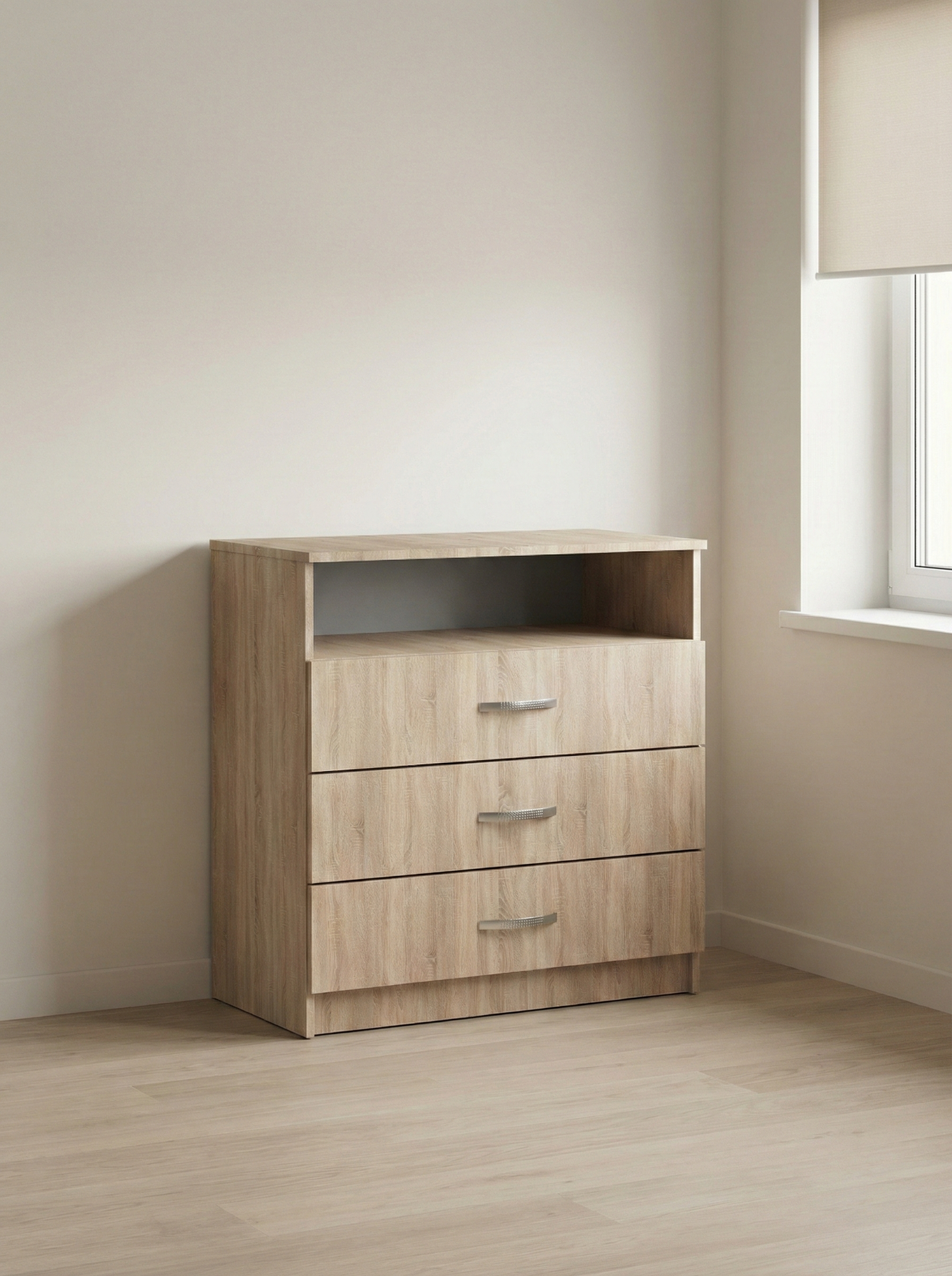 Комод Капри-7 с 3 ящиками и полкой, ШхГхВ: 81х43х83 см, дуб сонома