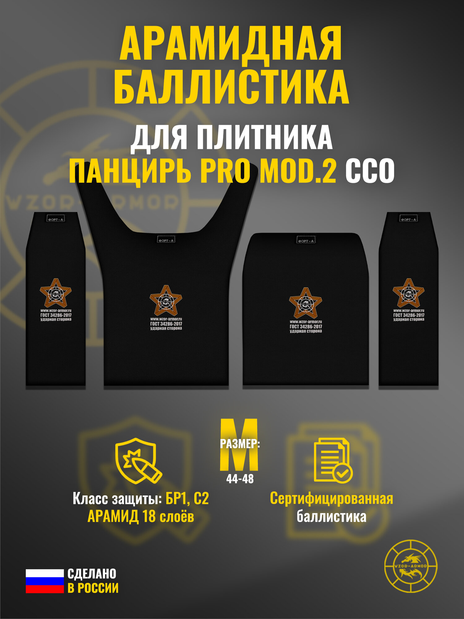 Комплект баллистики арамид для бронежилета Панцирь PRO mod.2 ССО размер M (18 слоев)