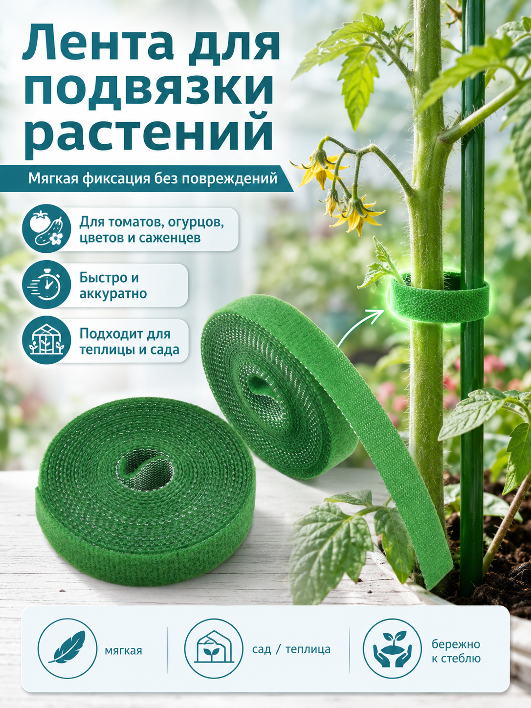 Лента для подвязки 3 рулона, зелёная, садовая, липучка, 1,5м