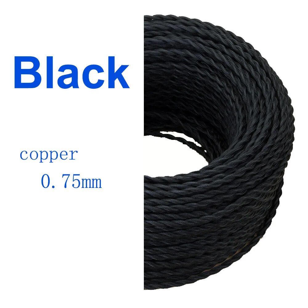 Винтажный тканый электрический провод 2+3 жилы 0,75 мм 2 Core, black, 2m