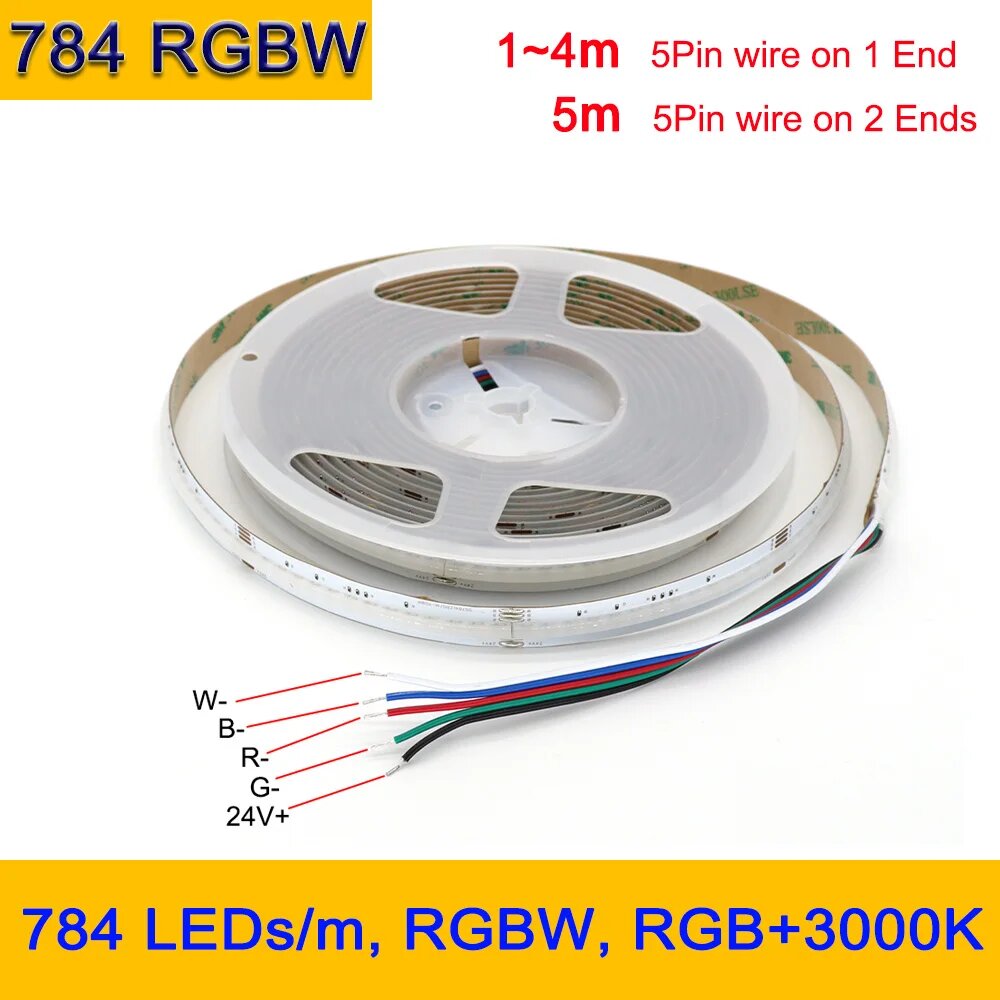 Cooleeon RGB COB светодиодная лента 5м/10м 24В 784LEDs RGBW, 5m (16.4FT), DC 24V