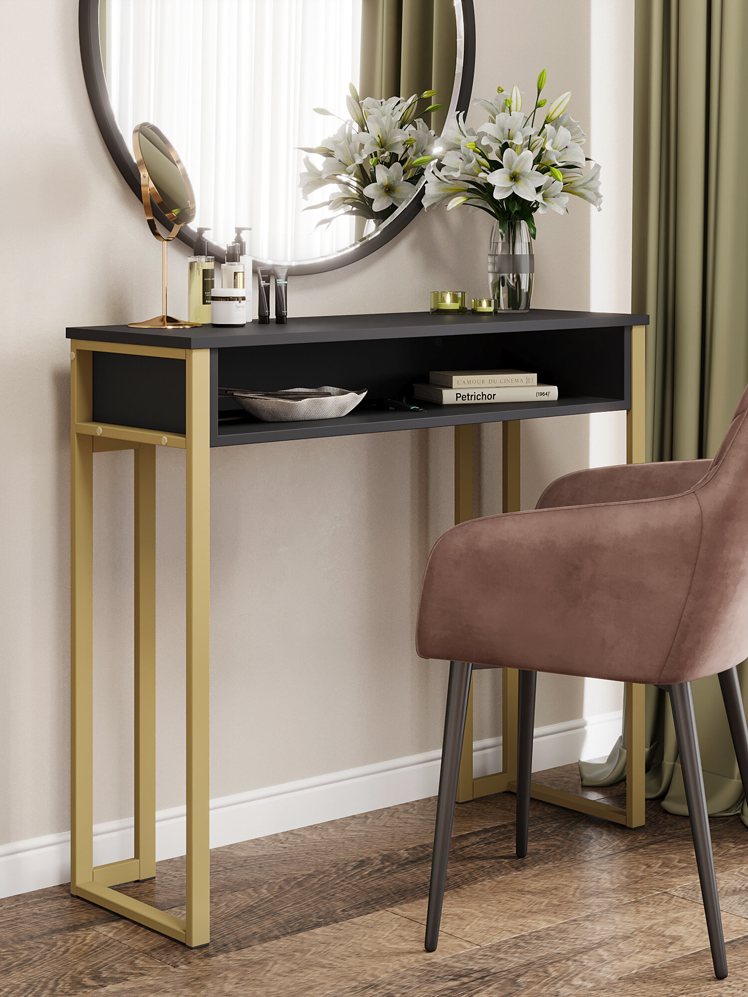 Туалетный столик без ящика, косметический, консоль KM LOFT золотой/черный