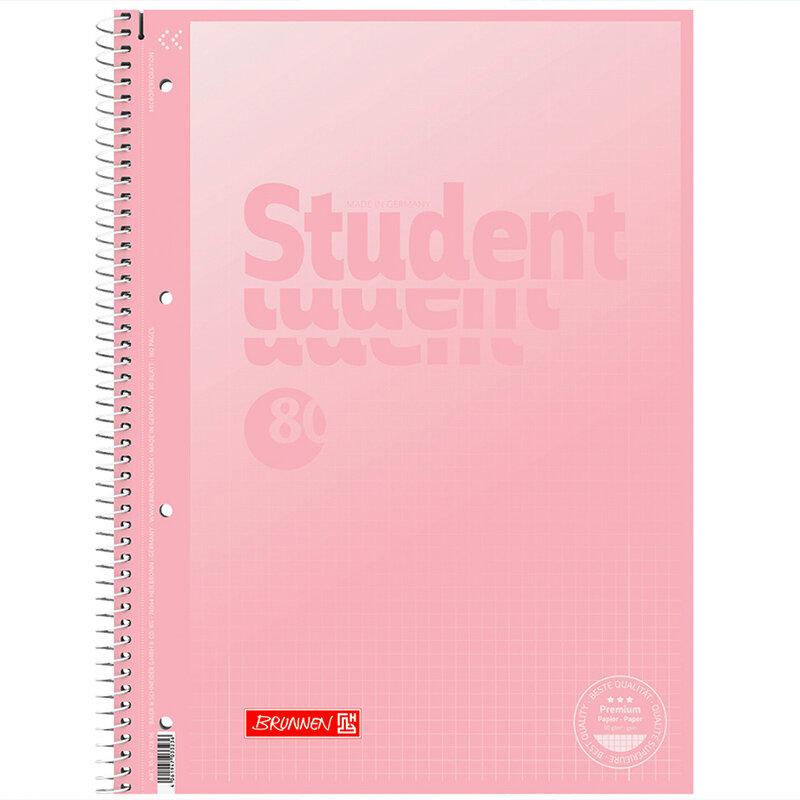 Тетрадь в клетку на пружине А4 Колледж Premium Pastel, микроперфорация, 90 гр/м2, 80 листов Розовый, Brunnen (пр-во Германия)