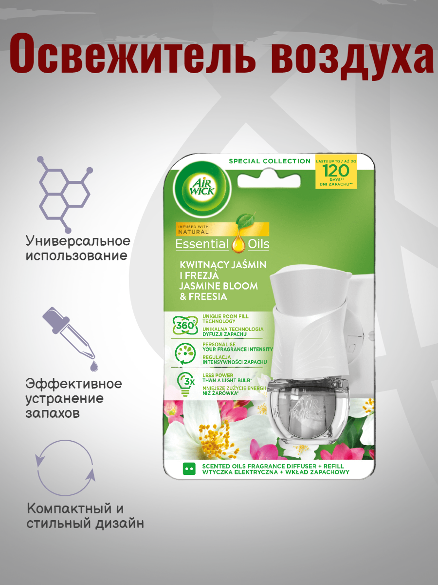 Airwick электрический аромадиффузор для дома, освежитель воздуха жасмин и фрезия 19мл