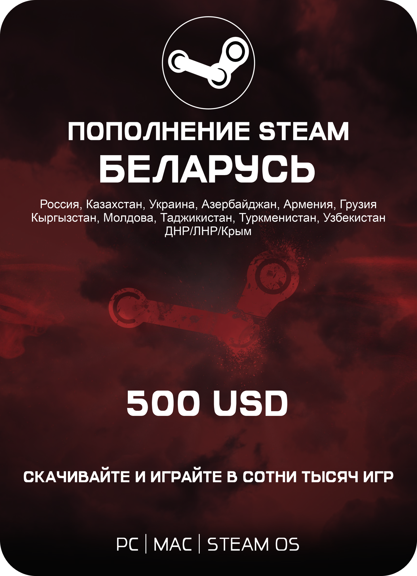 Подарочная карта Steam Беларусь 500$ / Gift card Steam Belarus 500 USD