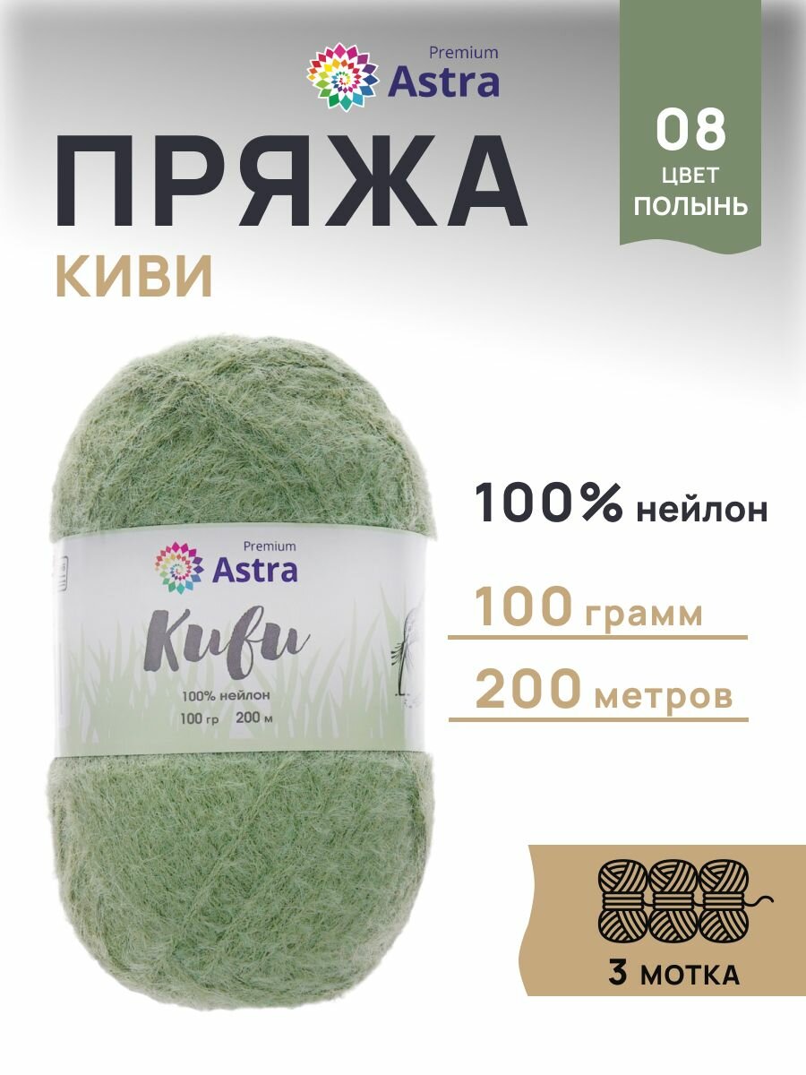 Пряжа для вязания Astra Premium 'Киви' (Kiwi) 100г, 200м (100% нейлон) (08 полынь), 3 мотка