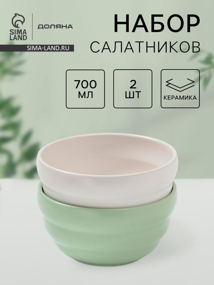 Салатники Доляна Зефир, 700 мл, d=15.5 см, набор 2 шт, керамика, белые, зелёные