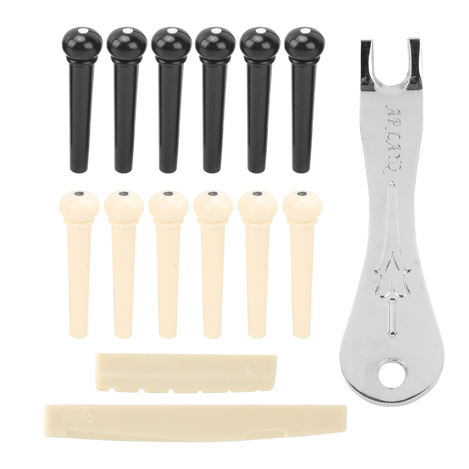 12шт Набор Пин для Моста Аккустической Гитары Фольклорный Набор Пег для Струн Аксессуар с Вынимающим Инструментом для Плотинки и Ножки, Включающий 6 Черных и 6 Белых Пинов, Длина Пин 30мм, Длина Вынимающего Инструмента 69мм, Длина Ножки 43мм, Длина