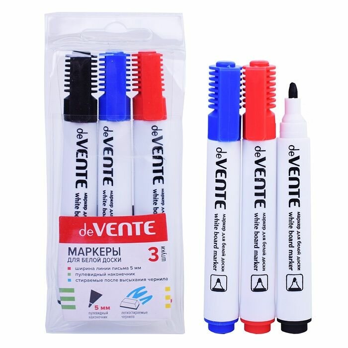 Набор маркеров для доски deVENTE 3 цвета красный, синий, черный, круглый корпус с клипом (5040307)