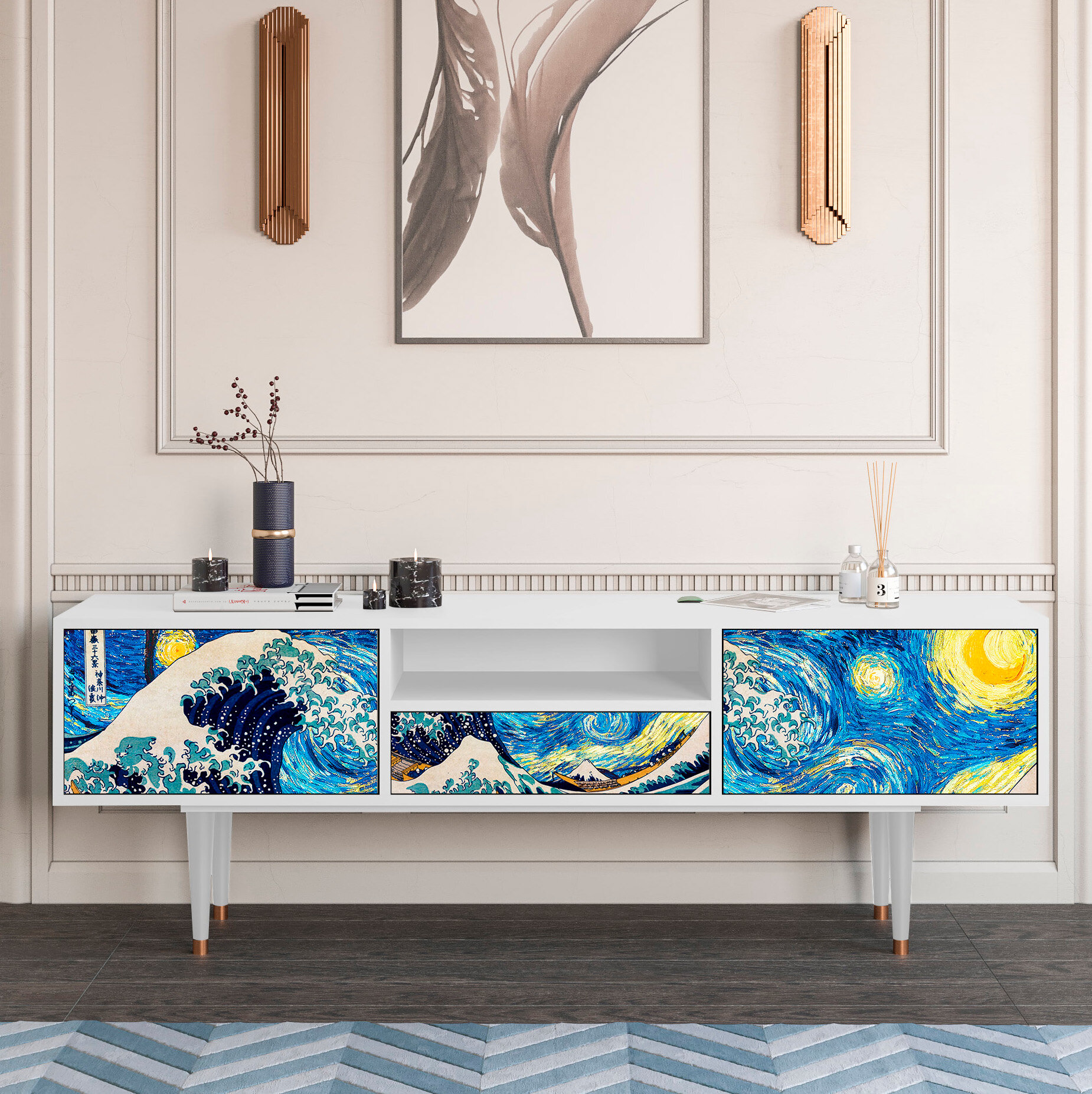 ТВ-Тумба - STORYZ - T6 The Great Wave off Kanagawa by Hokusai, Размер - 170 x 69 x 41 см, Цвет корпуса - , Белый