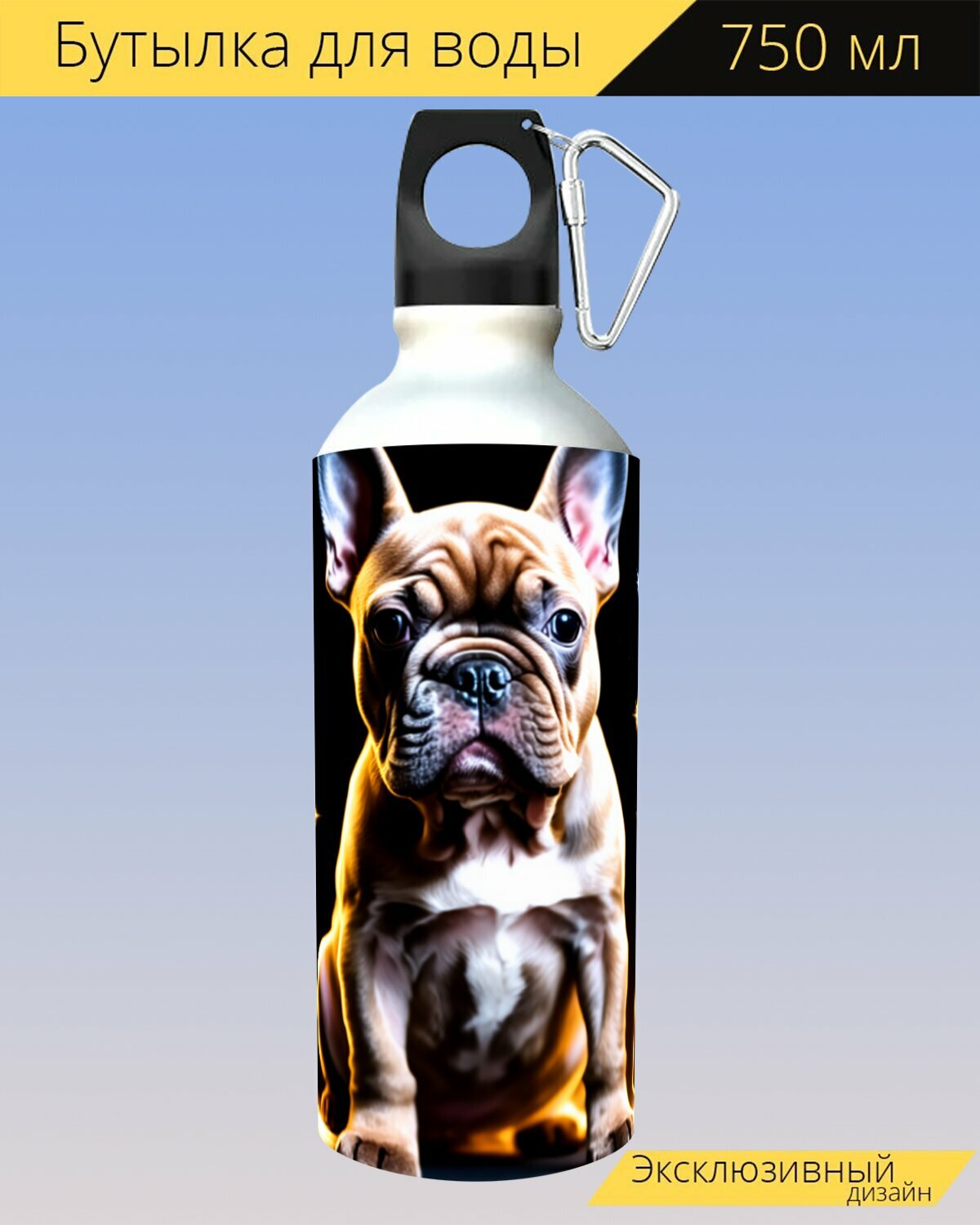 Бутылка фляга для воды "Щенок французского бульдога, сидящий на черном фоне, с эффектами светящихся линий и звезд, создающих впечатление." 750 мл. с карабином и принтом