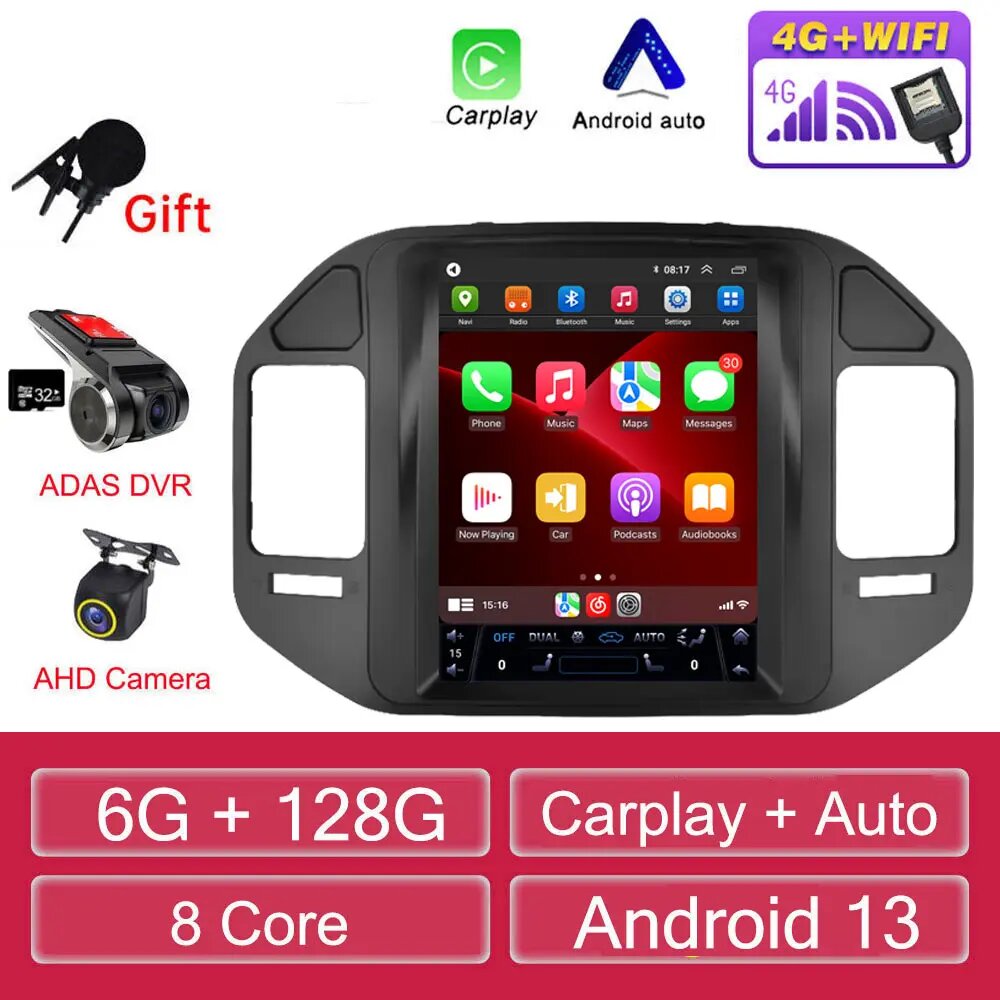 Для Mitsubishi Pajero V60 V68 V73 1999-2006 Tesla стиль экран Android 13 Black SIM6G 128G A D
