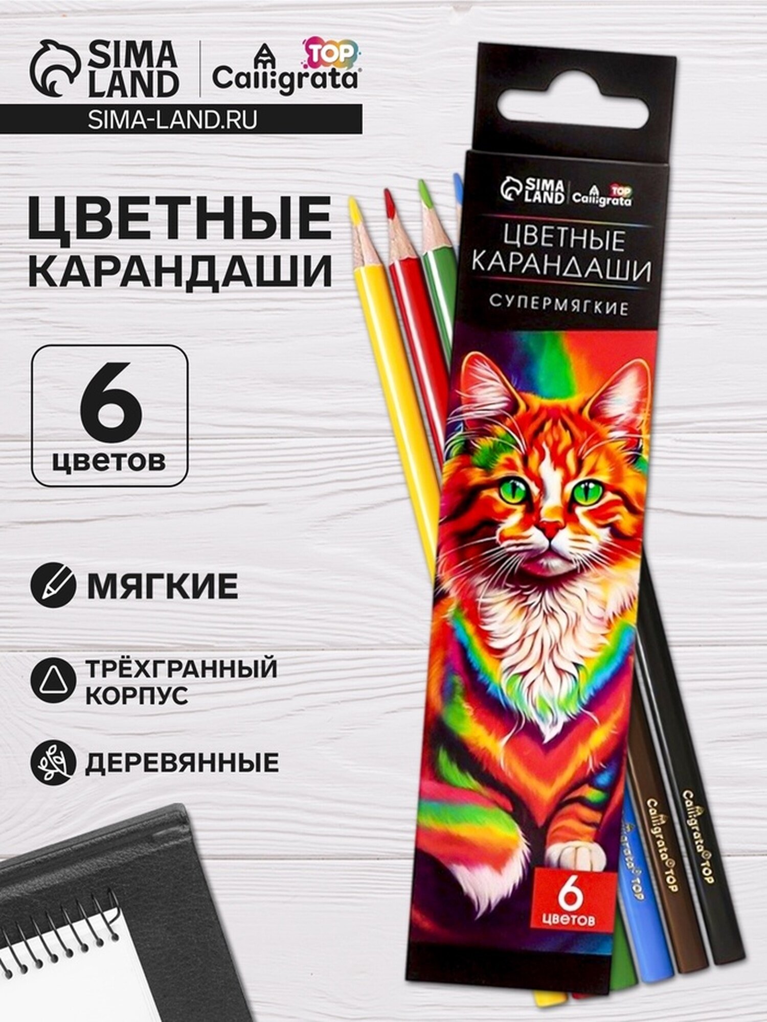 Карандаши 6 цветов TOP Calligrata, в картонной коробке, диаметр грифеля - 3мм, 5B