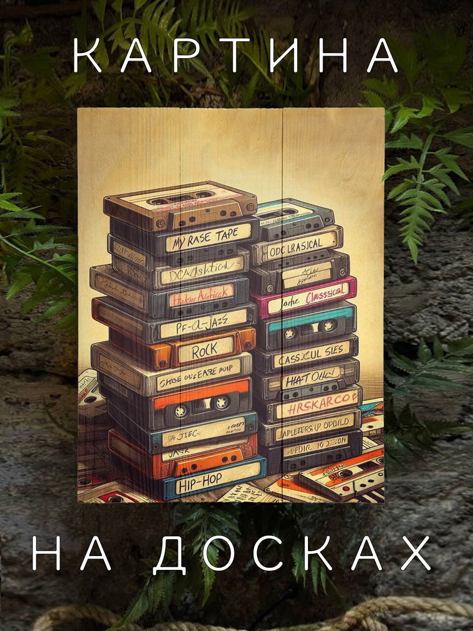 Картина на досках Олдскул кассеты. 30х40 см
