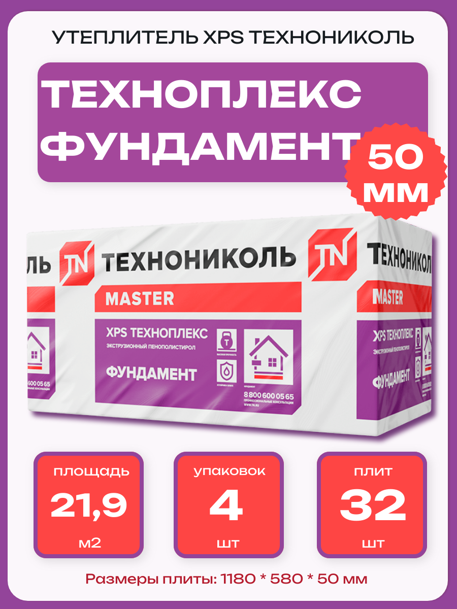 Утеплитель технониколь "Техноплекс Фундамент", экструзионный, 50мм, 4 уп.