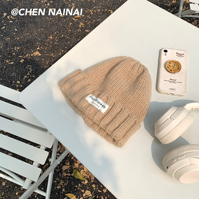 Шерстяная вязаная шапка в японском стиле, женская осенне-зимняя теплая повседневная студенческая шапка в корейском стиле с эластичным носком, черная шапка