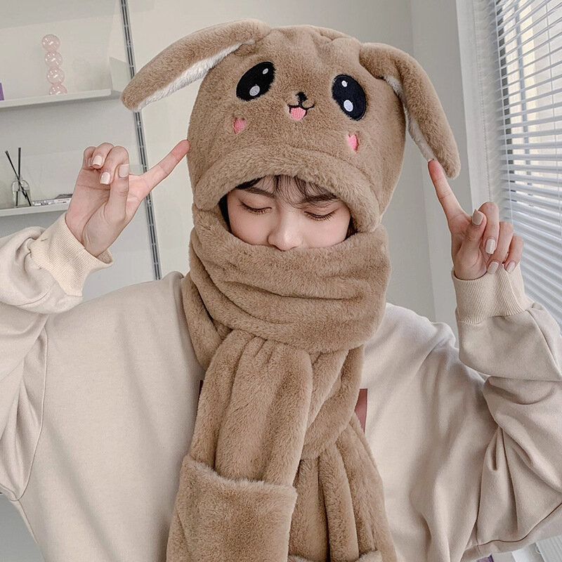 Детская шапка, осенне-зимняя женская шапка и шарф с подвижными ушками кролика, новый милый шарф 2025 года для мальчиков и девочек