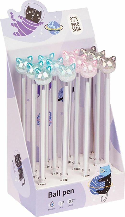 Ручка шариковая MESHU Crystal Kitten синяя, 0,7мм, корпус ассорти, с топпером (Китай)
