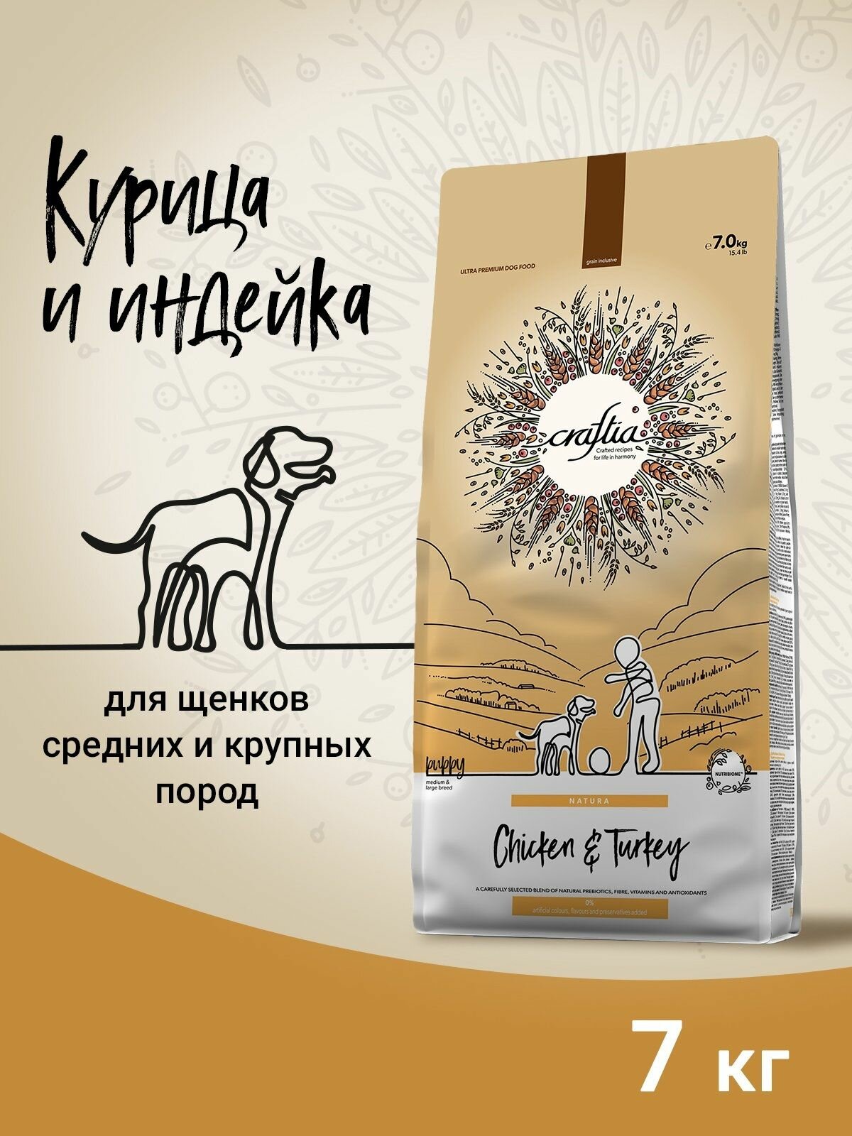 Craftia Natura - Сухой корм для щенков средних и крупных пород, из Курицы и Индейки 7 кг