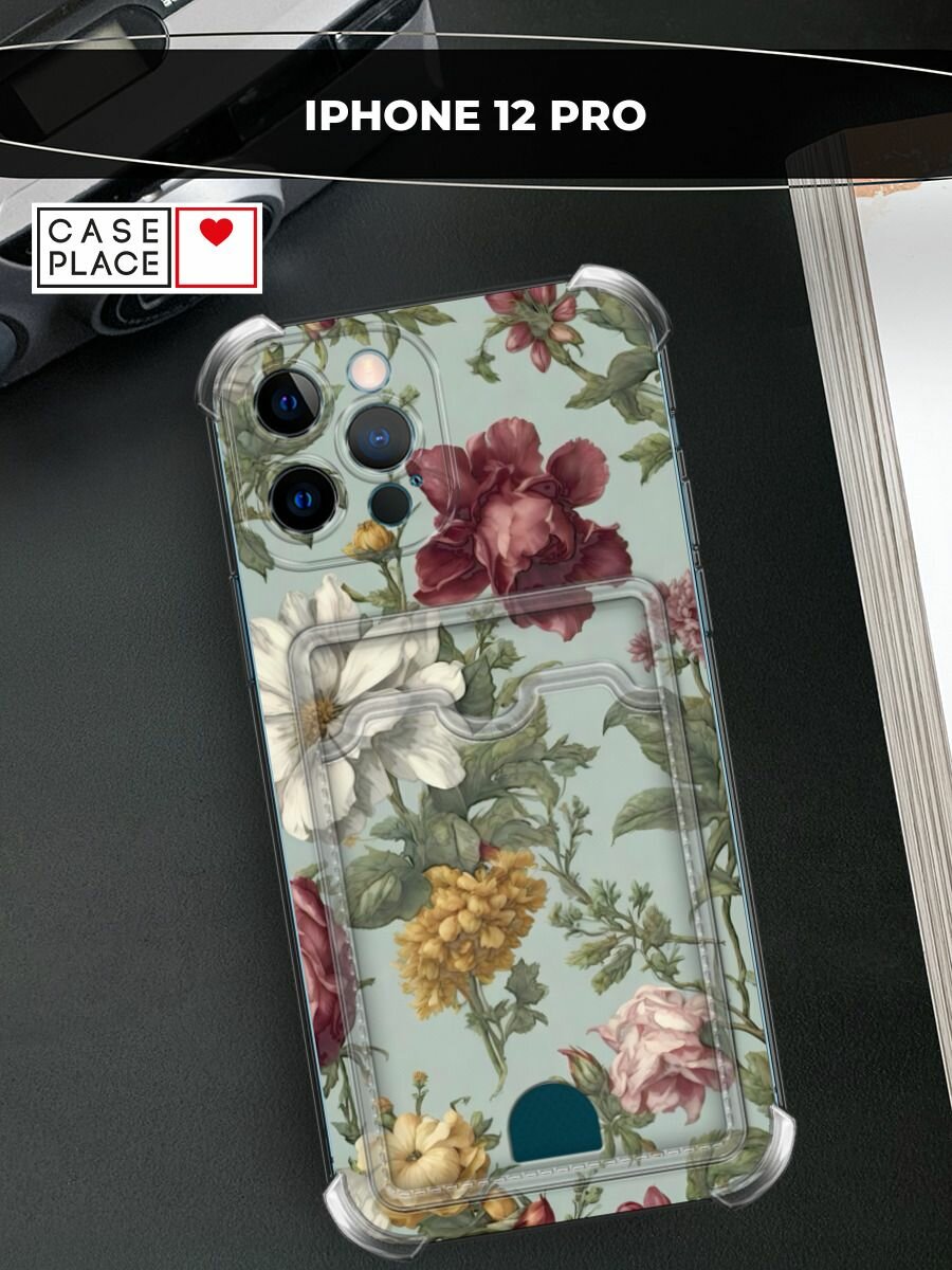 Чехол на Apple iPhone 12 Pro (Айфон 12 Про) с картой и принтом Акварельные красные цветы