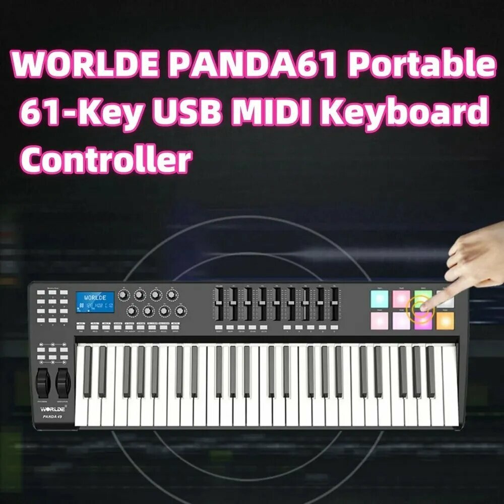 WORLDE PANDA-61 BLACK MIDI: 61, 8 программируемых пэдов, колеса модуляции и pitch bend, педальные входы для создания музыки, аранжировки и живого выступления.