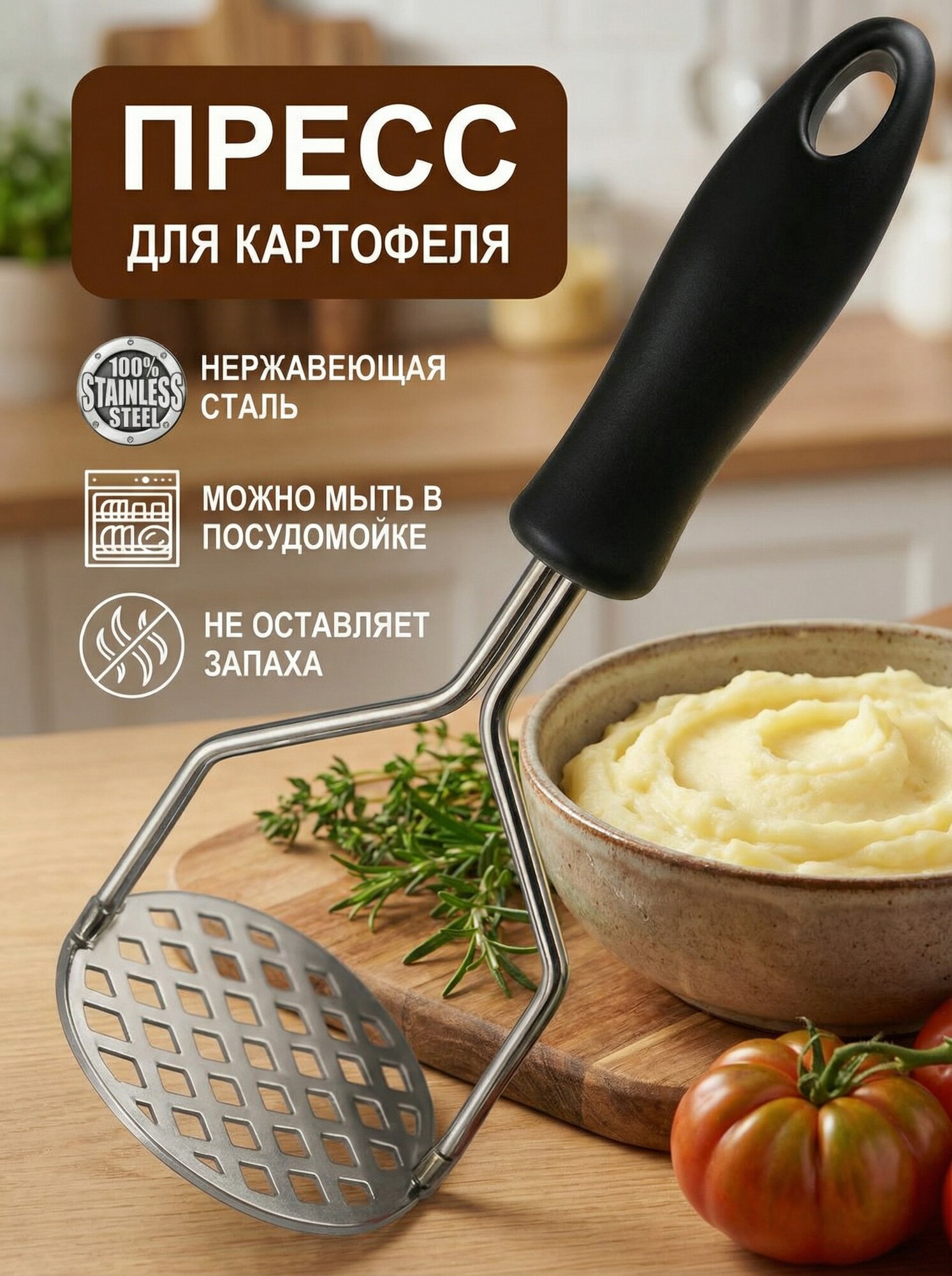 Толкушка для пюре картофеля, картофелемялка, нержавеющая сталь