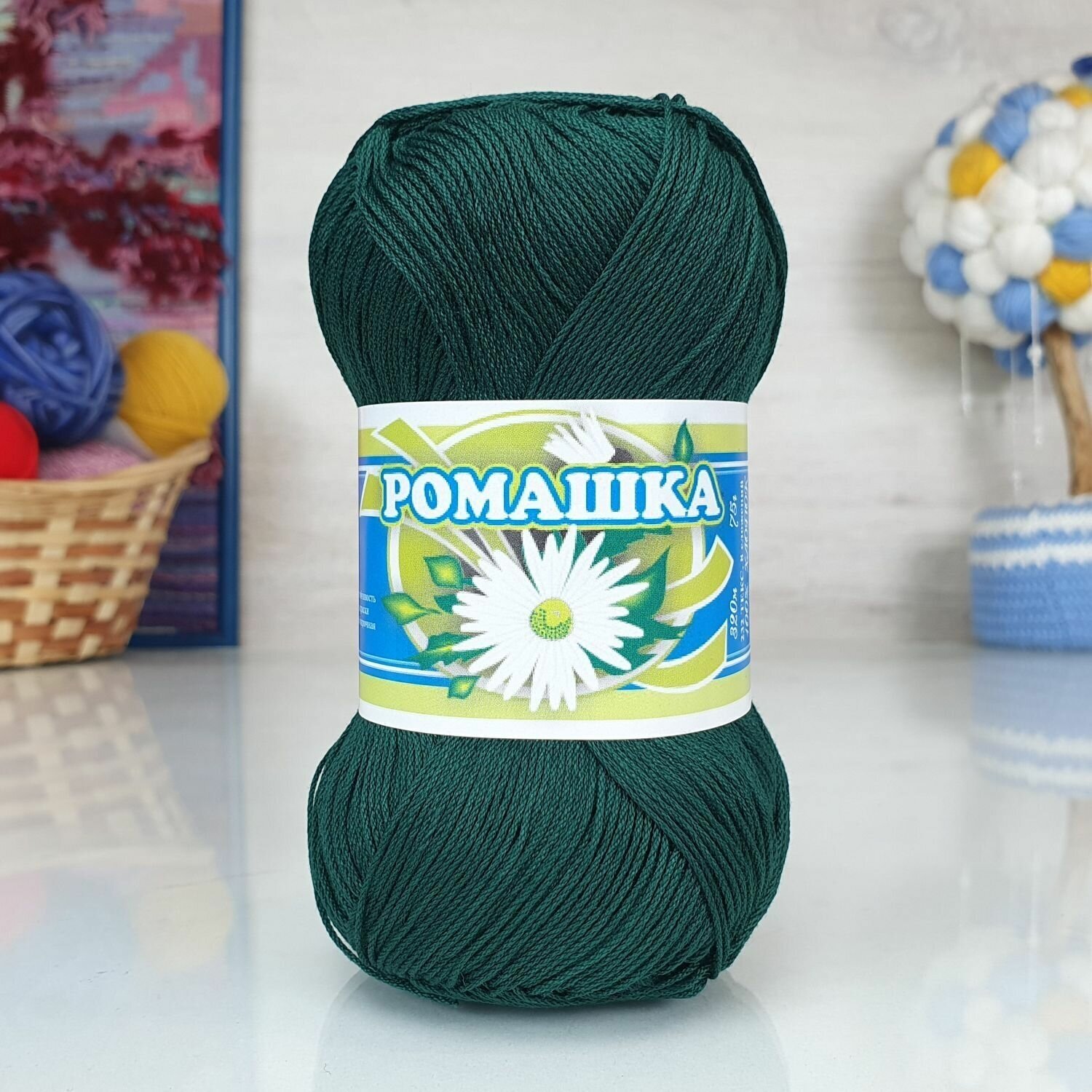 Пряжа Ромашка (ПНК), т. изумруд - 3807, 100% мерсеризованный хлопок, 4 мотка, 75 г, 320 м.