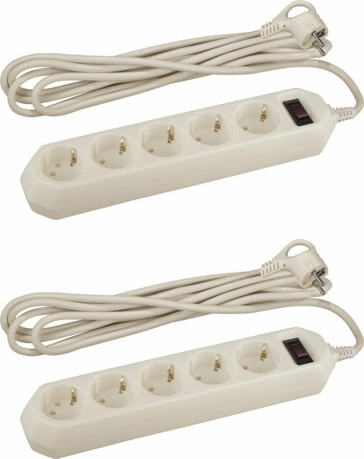 Сетевой фильтр ЭРА USF-5es-3m-I пятиместный с заземлением 3 метра слоновая кость (комплект из 2 шт.)